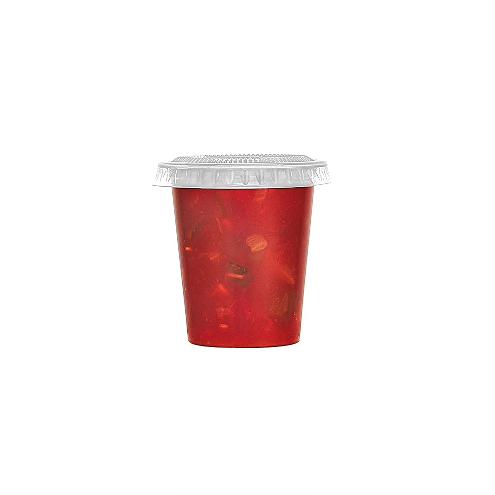 KingZak 150 Sets - 2oz, Disposable Mini Plastic Jello Shot Cups With Lids Perfect For Portion Souffle, Condiment, Dipping Sauce, Salad Dressing And More