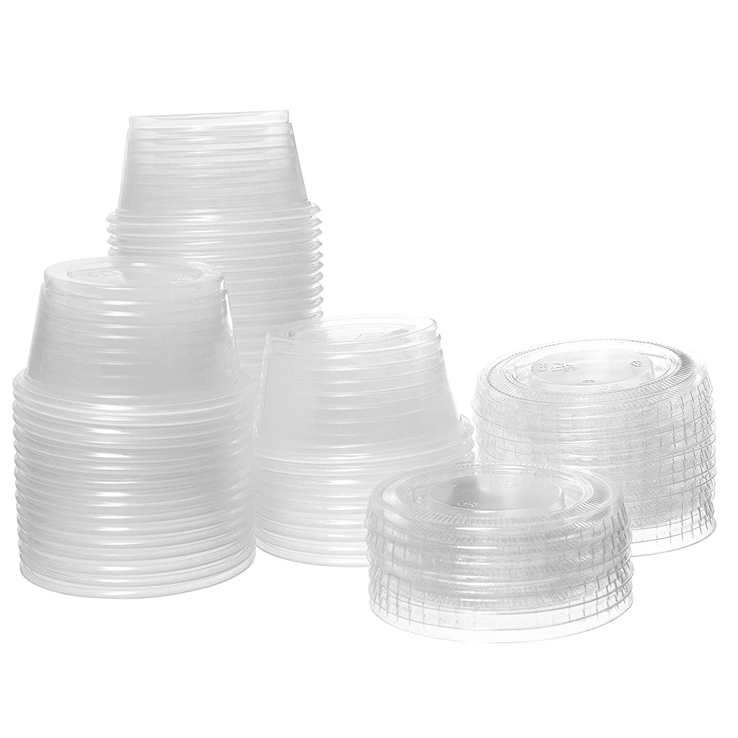 DuraHome Plastic Portion Cups with Lids 2 oz. Pack of 150 Leakproof Jello Shot Cup Mini Containers for Salad Dressing Sauce Condiment Snack Souffle and Salsa, Disposable
