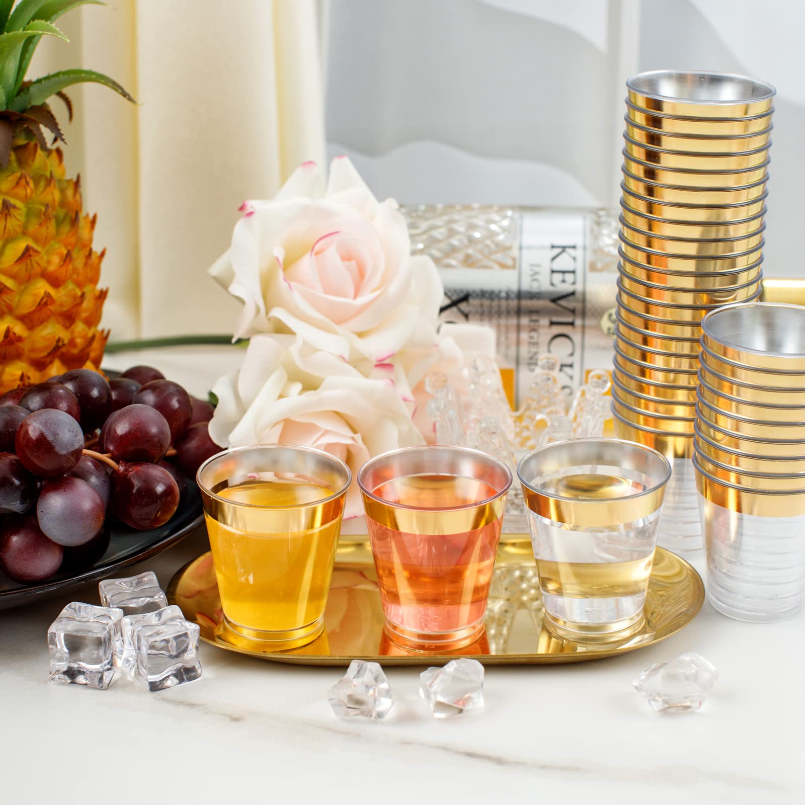 WELLIFE 200 PACK Plastic Clear and Gold Shot Glasses, 2OZ Disposable Shot Glasses, Small Hard Plastic Tumblers, Gold Tasting Sampling Cups, Mini Container Perfect for Whiskey for Party