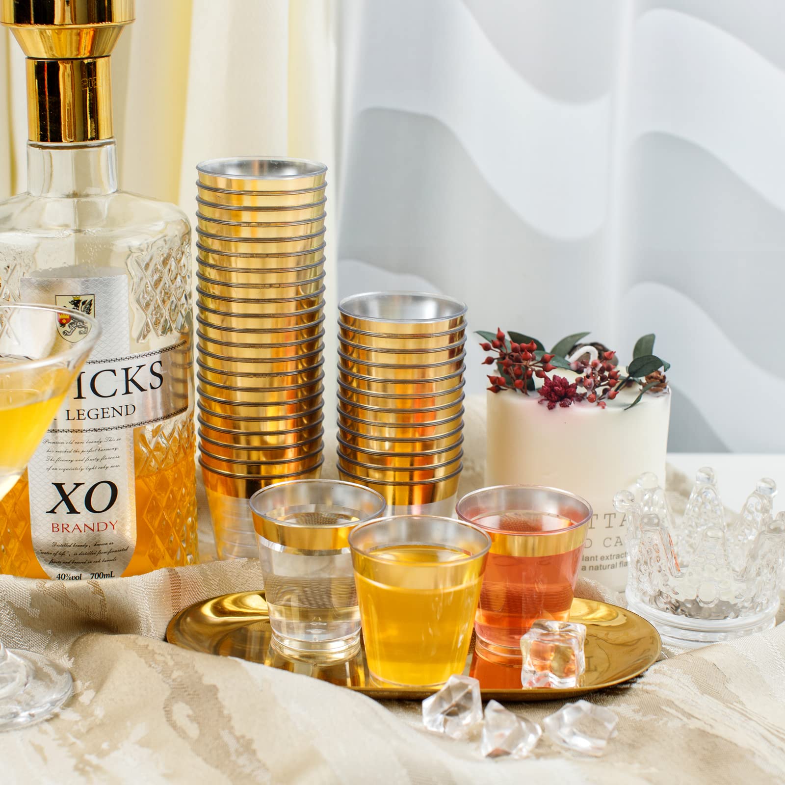 WELLIFE 200 PACK Plastic Clear and Gold Shot Glasses, 2OZ Disposable Shot Glasses, Small Hard Plastic Tumblers, Gold Tasting Sampling Cups, Mini Container Perfect for Whiskey for Party