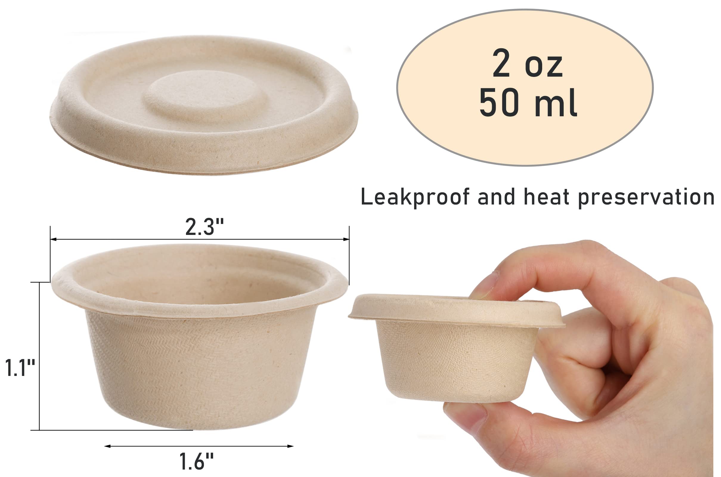 Yesland 200 Pack 2 oz Natural Bagasse Fiber Cups with Lids, Paper Tasting Cups Disposable Sample Food cup, Compostable Sauce Containers for Snack Tasting Charcuterie