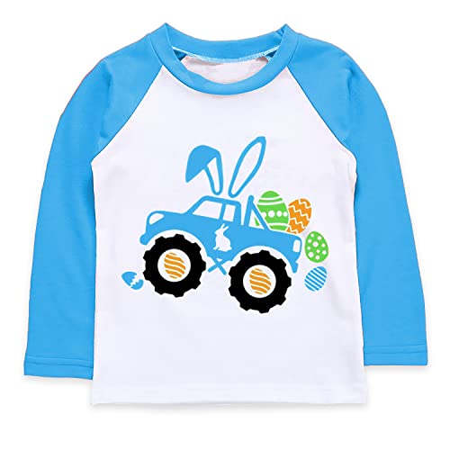 Toddler Boys Girls Easter Shirts Blue Raglan Long Sleeve Tees Kids Bunny Monster Truck Graphic Tops 5T