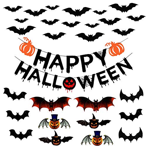 JOLLY SWEETS Happy Halloween Banner Set with Scary Bat Stickers 28Pcs, Pumpkin Sign Designed with Ghost, with Scary 3D Bat Wall Stickers, Halloween Decorations, Halloween Party Supplies