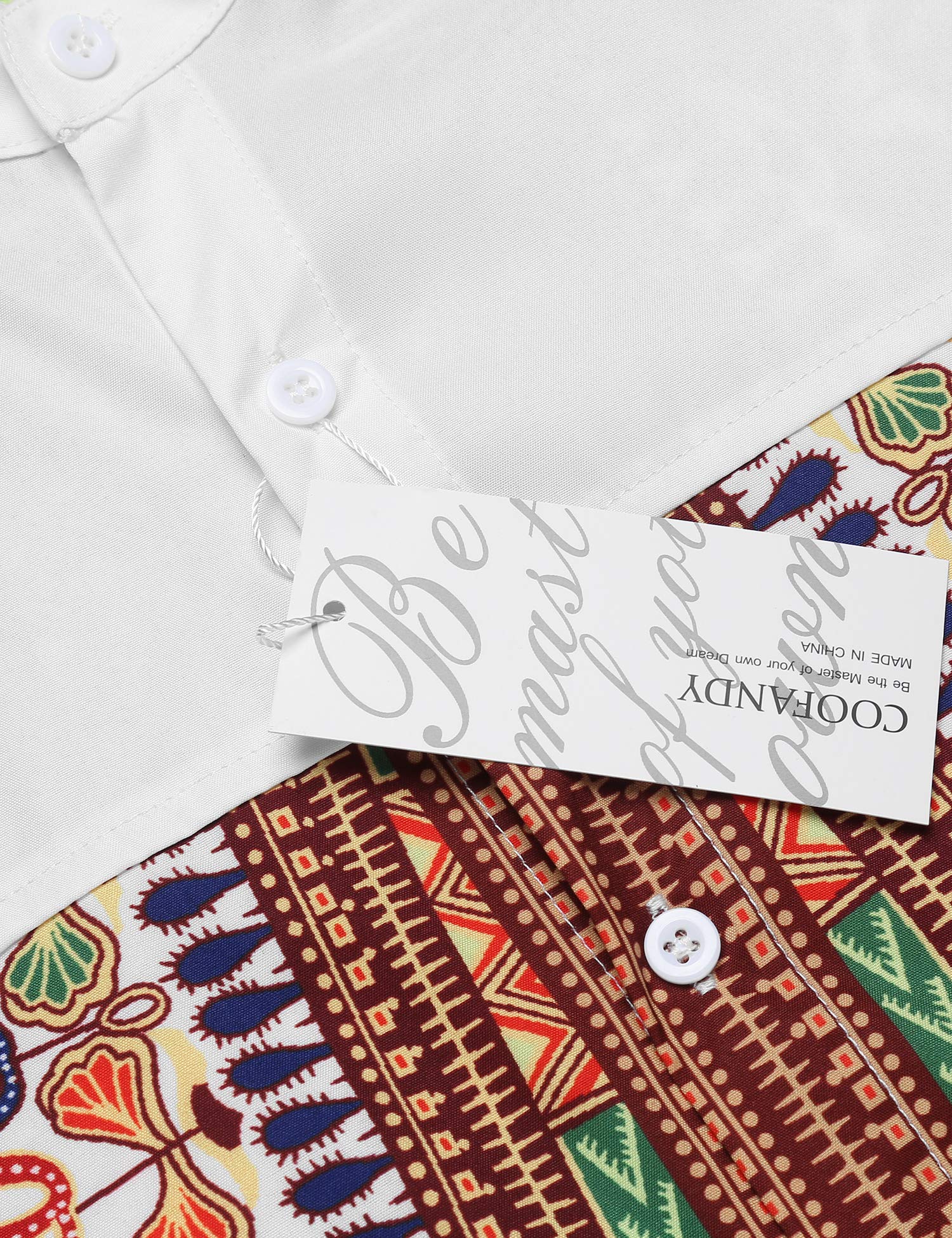 COOFANDY Men's African Dashiki Print Shirt Long Sleeve Button Down Shirt Bright Color Tribal Top Shirt White