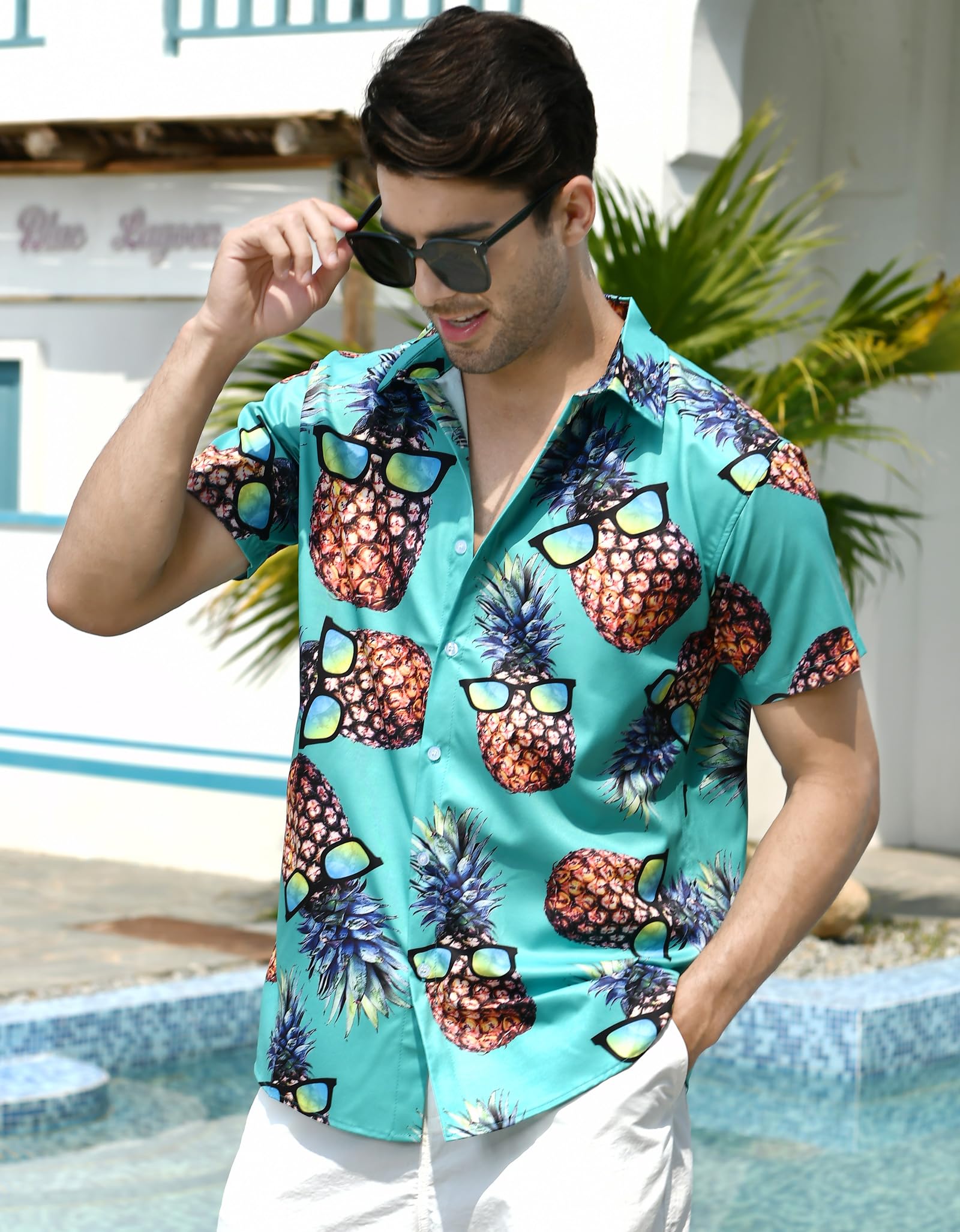 RAISEVERN Hawaiian Shirt for Men Pineapple Casual Button Down Short Sleeve Tropical Summer Party Holiday Beach Shirts