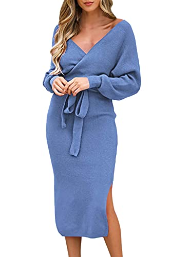 Selowin Women Elegant V Neck Wrap Backless Bodycon Batwing Sleeve Slit Belted Knited Sweater Dresses Blue X-Large