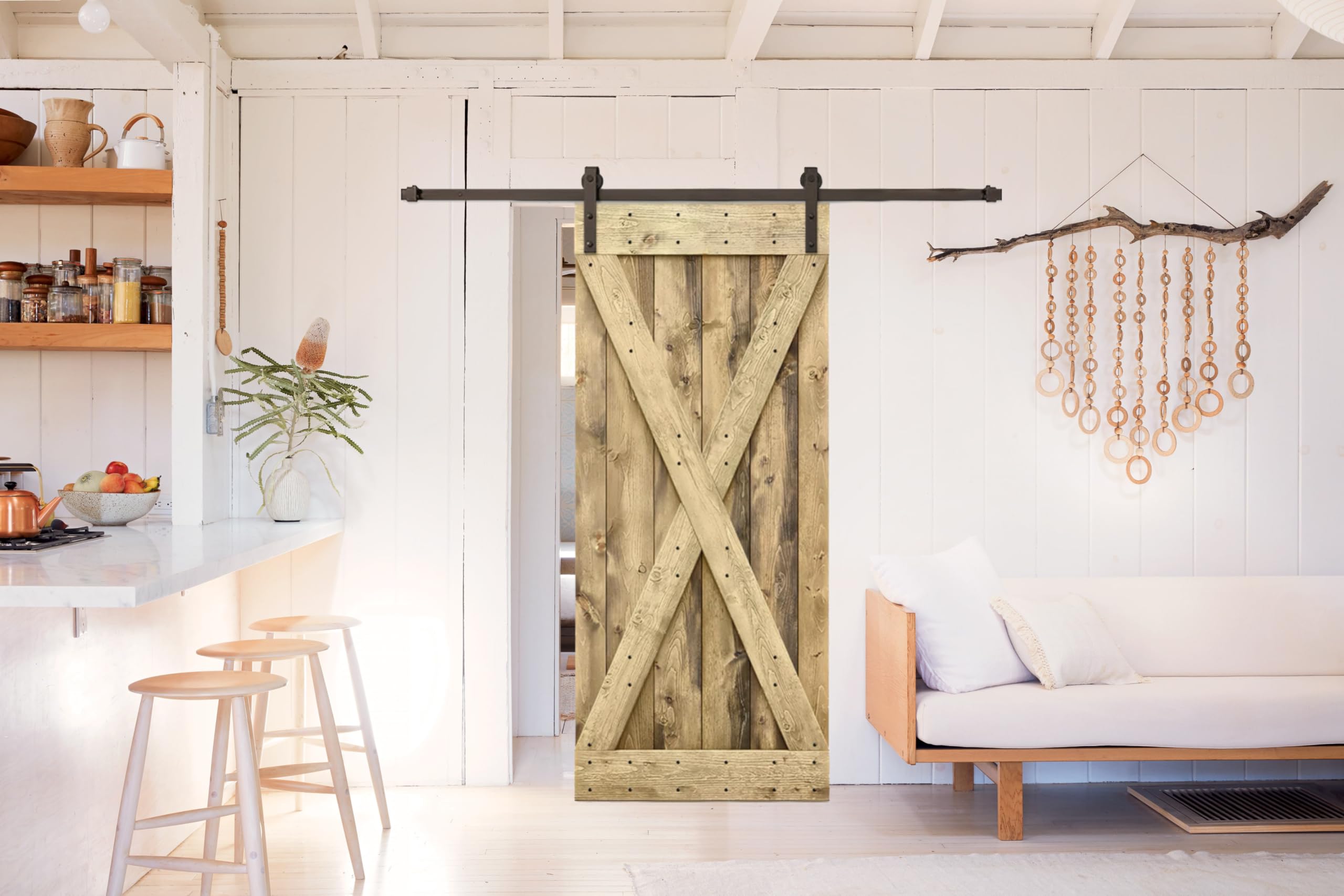 Jforest DIY 84in X Shape Barn Door with Hardware & Handle Included, Heavy Duty, Sliding Door Hardware, Pre-Drilled Barn Door, Solid Wood Material, Barn Door Made in USA. (Oak) (42" x 84")