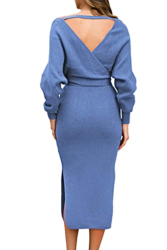 Selowin Women Elegant V Neck Wrap Backless Bodycon Batwing Sleeve Slit Belted Knited Sweater Dresses Blue X-Large