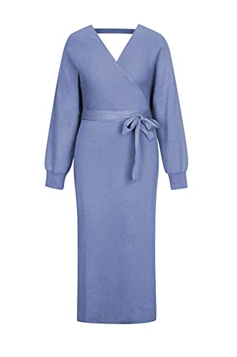 Selowin Women Elegant V Neck Wrap Backless Bodycon Batwing Sleeve Slit Belted Knited Sweater Dresses Blue X-Large