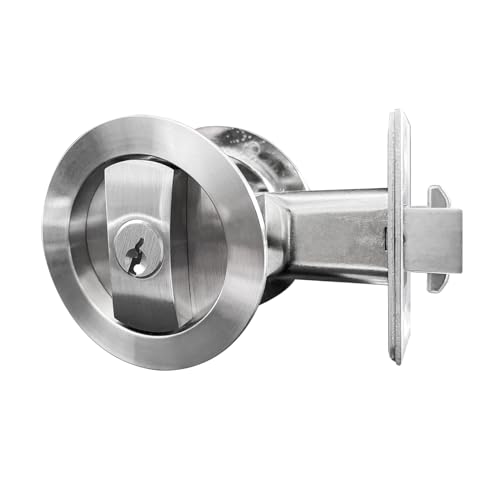 Round Pocket Door Lock with Keys - Recessed 2 Sided Handle Hardware for Privacy Barn Door and Sliding Door with Latch - Fits 1 3/8” to 2 3/16” Thickness Door (1 Pack, Sliver-Entry)