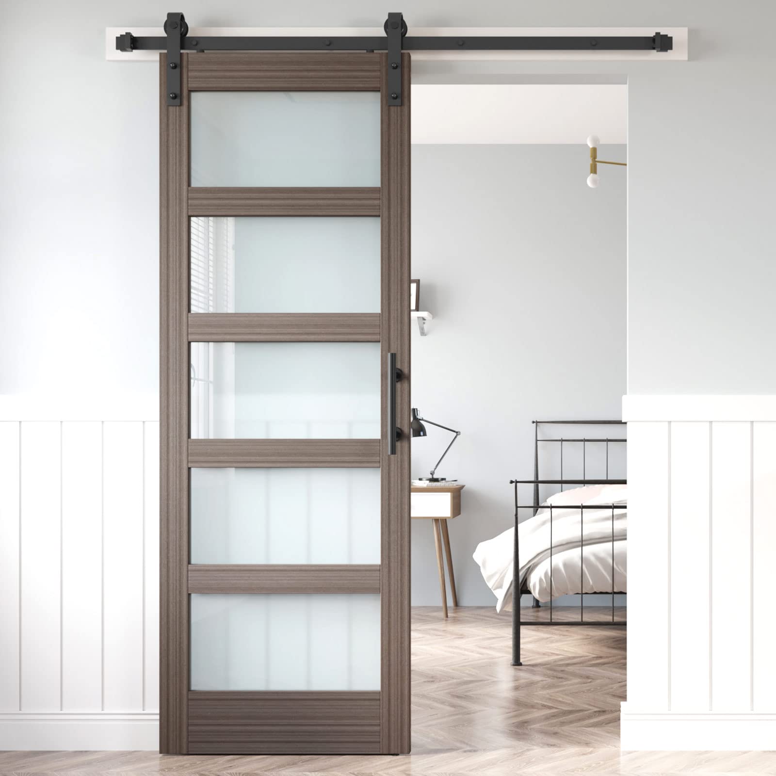 ROYMELO 30x84 Inch Glass Sliding Barn Door Slab and 5.5ft Hardware Kit Included, 5 Frosted Glass, LVL Wood Panel Covered with Elephant Gray Water-Proof Scratch-Proof PVC Surface, Simple DIY Assembly
