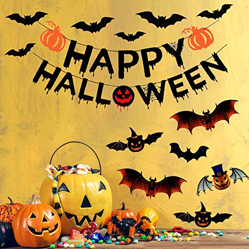 JOLLY SWEETS Happy Halloween Banner Set with Scary Bat Stickers 28Pcs, Pumpkin Sign Designed with Ghost, with Scary 3D Bat Wall Stickers, Halloween Decorations, Halloween Party Supplies