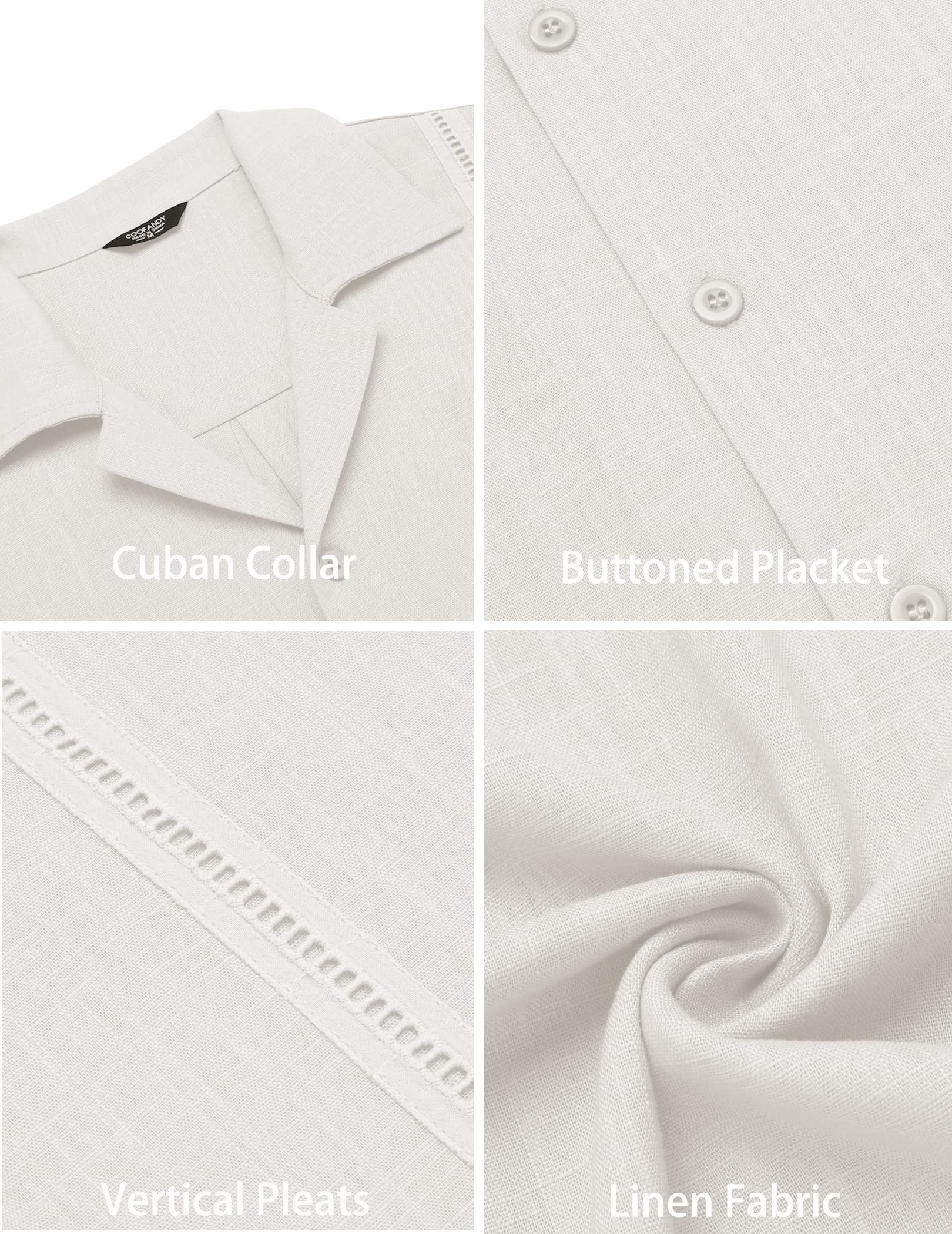 COOFANDY Mens Casual Button Down Shirts Short Sleeve Cuban Guayabera Shirt Summer Beach Top A - White