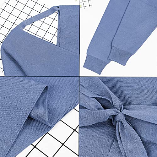 Selowin Women Elegant V Neck Wrap Backless Bodycon Batwing Sleeve Slit Belted Knited Sweater Dresses Blue X-Large