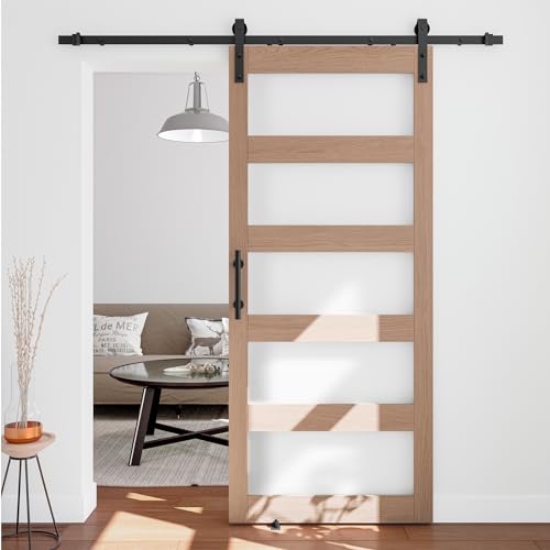 COSHOMER 36in x 84in 5-Panel Sliding Glass Barn Door with 6.6ft Hardware Kit Included, Easy Assembly with Pre-Drilled Holes, Waterproof, Frosted Glass - Fit Max Opening 34in x 82in, Natural Walnut