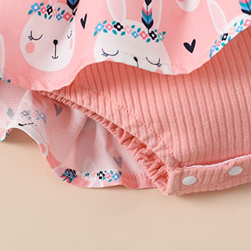 Tsnbre Easter Outfit Baby Girl Romper Fly Sleeve Ribbed Romper with Bunny Print Skirt 0 3 6 12 18 Newborn Clothes (Pink , 12-18 Months )