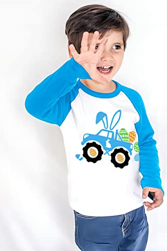 Toddler Boys Girls Easter Shirts Blue Raglan Long Sleeve Tees Kids Bunny Monster Truck Graphic Tops 5T
