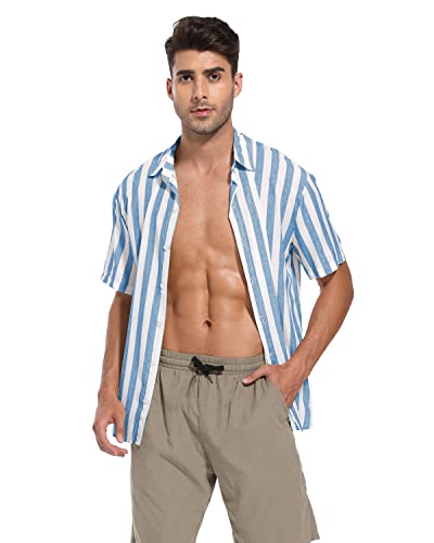 NmglhNm Mens Striped Summer Shirts Short Sleeve Casual Button Down Stylish Tropical Beach Shirts LightBlue 3X-Large