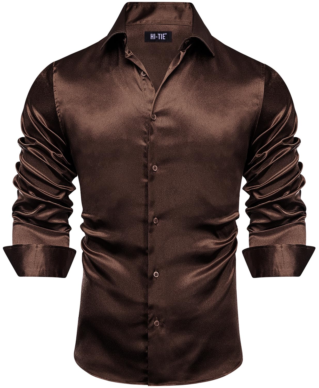 Hi-Tie Mens Long Sleeve Dress Shirt Satin Button Down Casual Prom Wedding Regular Fit Button Up Shirt,Dark Coffee Satin,XX-Large