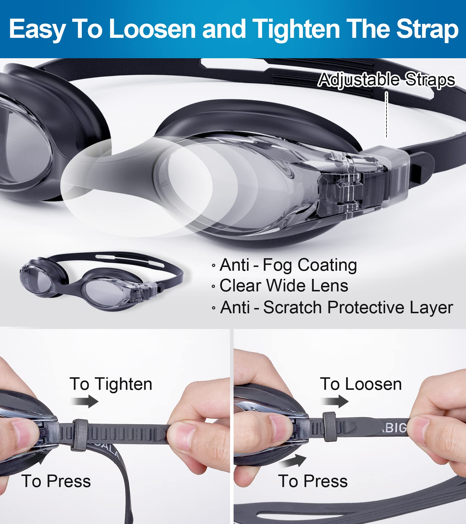 RABIGALA Swim Goggles, No Leaking Anti-Fog UV Protection with Ear Plugs and Protection Case, for Junior Men Womens (Black)