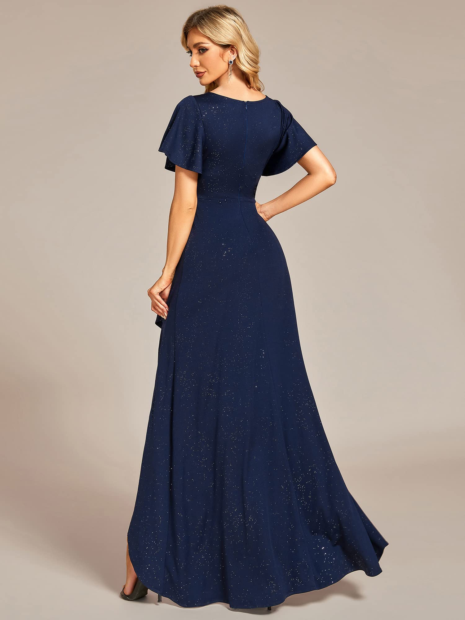 Ever-Pretty Women's Glitter High Low Ruffled Hem V-Neck Formal Dress with Sleeves Navy Blue US18