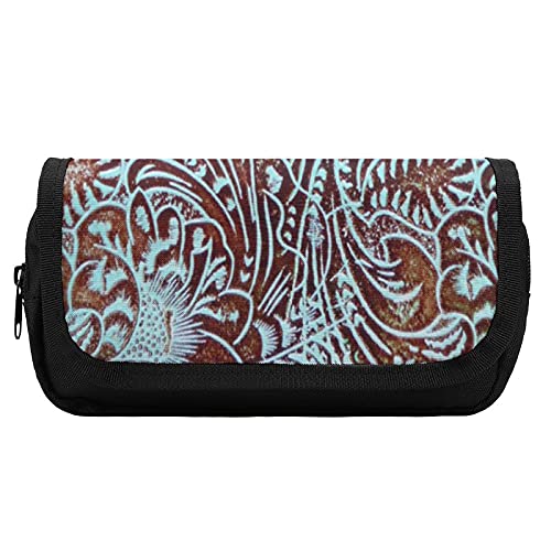 Compatible with Country Teal Brown Western Rustic Tooled Cowb Cute Pencil Organizer Cosmetic Makeup Bag Stationery Pen Case Box with Zipper for Christmas Thanksgiving