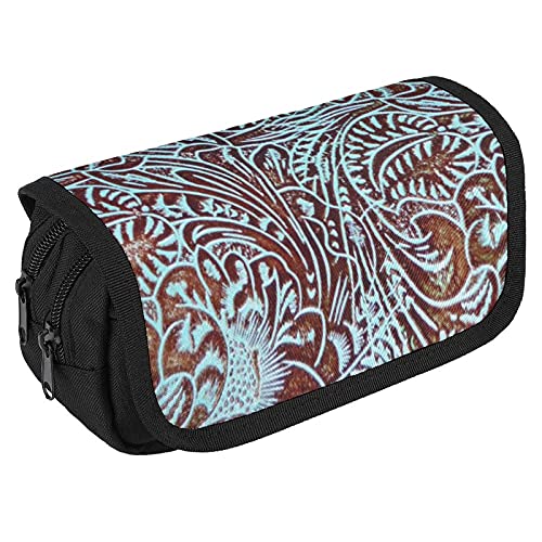Compatible with Country Teal Brown Western Rustic Tooled Cowb Cute Pencil Organizer Cosmetic Makeup Bag Stationery Pen Case Box with Zipper for Christmas Thanksgiving