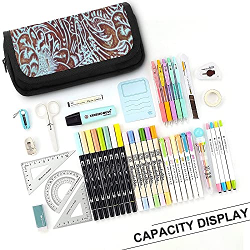 Compatible with Country Teal Brown Western Rustic Tooled Cowb Cute Pencil Organizer Cosmetic Makeup Bag Stationery Pen Case Box with Zipper for Christmas Thanksgiving