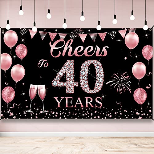 Happy 40th Birthday Decorations for Women, Cheers to 40 Years Backdrop Banner, Rose Gold 40th Birthday Party Yard Banner, 40th Anniversary, Class Reunion Backdrop for Outdoor Indoor, Vicycaty