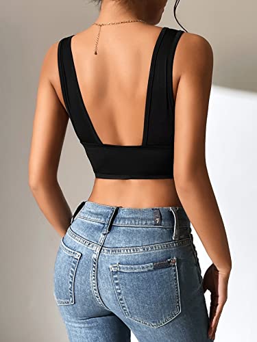 WDIRARA Women's Deep V Neck Sleeveless Crop Tank Top Sexy Backless Tops Black Petite M