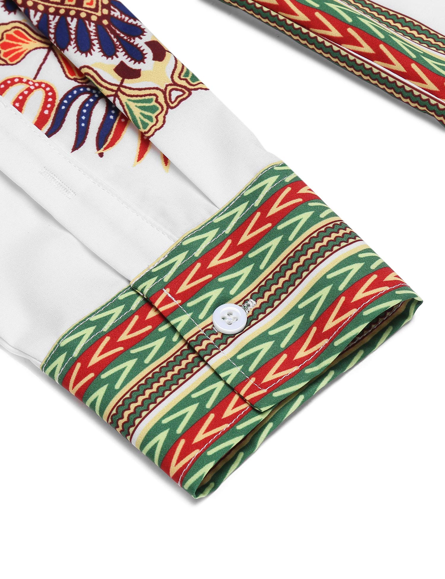 COOFANDY Men's African Dashiki Print Shirt Long Sleeve Button Down Shirt Bright Color Tribal Top Shirt White