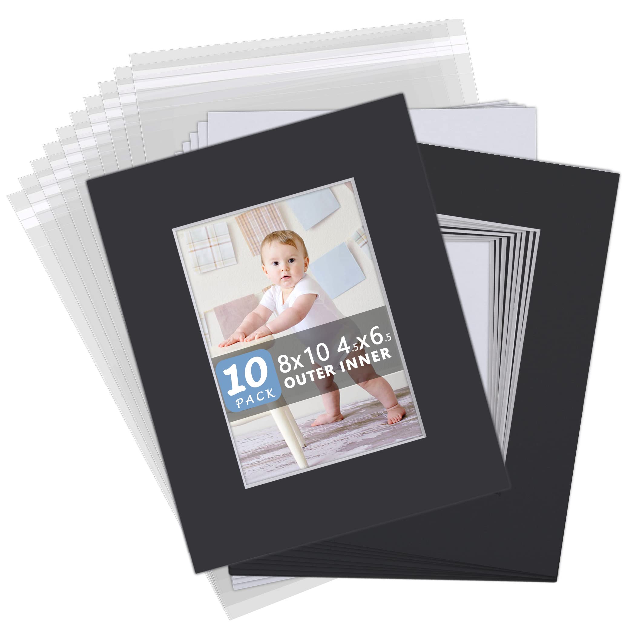 Somime Acid Free 8x10 Photo Mat Set, Black 8x10 Matte for 5x7 Pictures with White Core Bevel Cut for Photo Framing, Artworks, Prints(10 Pack) - Includes Pre-Cut Mats, Backing Boards and Clear Bags