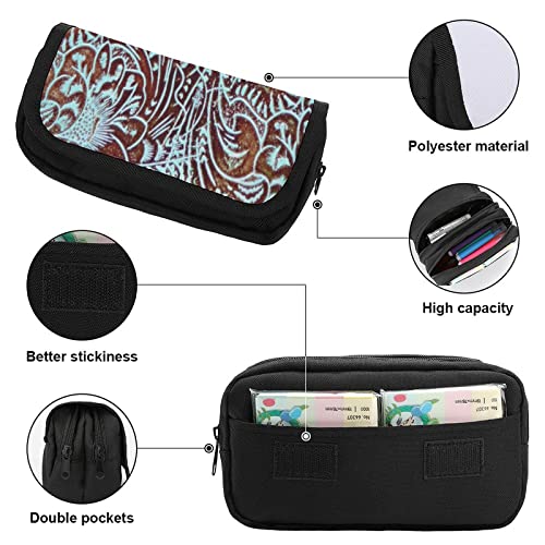 Compatible with Country Teal Brown Western Rustic Tooled Cowb Cute Pencil Organizer Cosmetic Makeup Bag Stationery Pen Case Box with Zipper for Christmas Thanksgiving