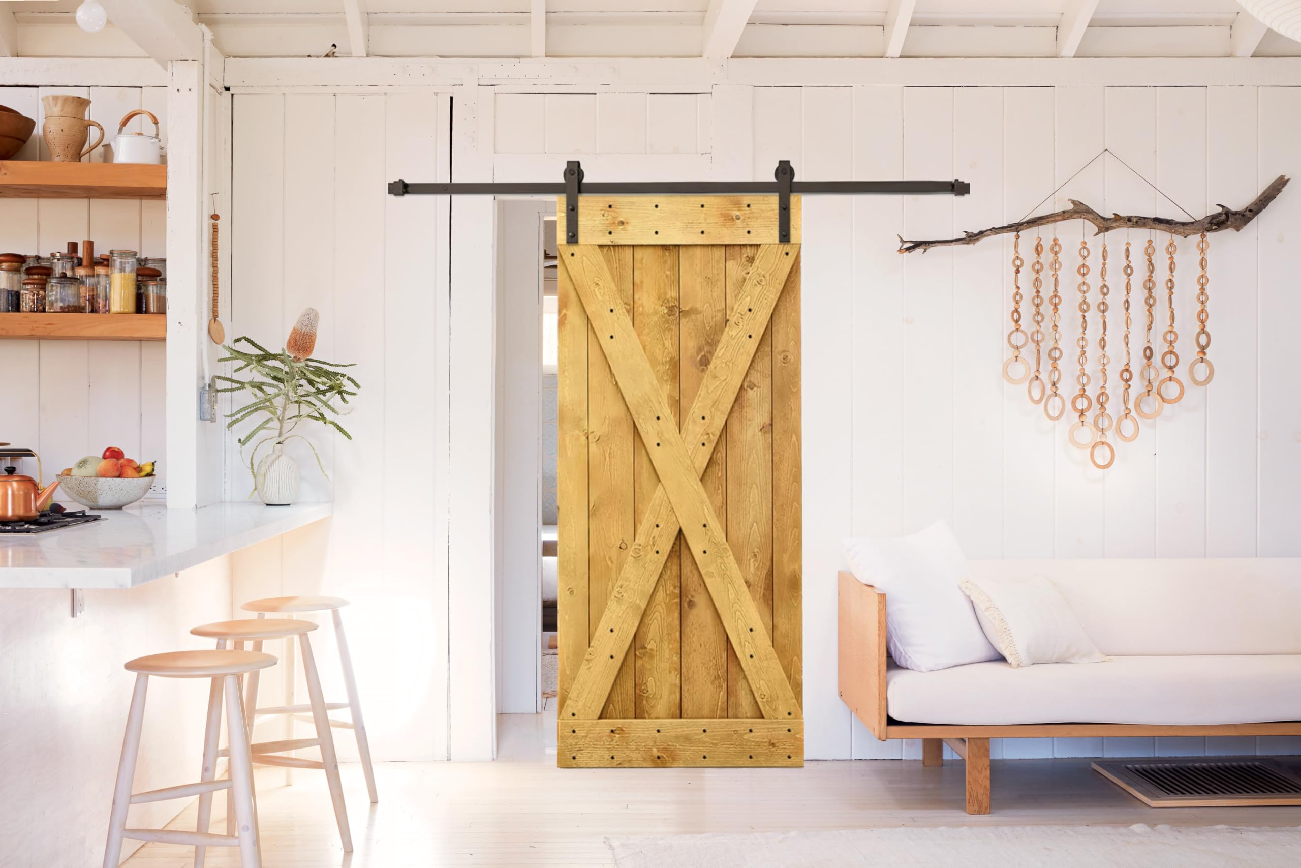 Jforest DIY 84in X Shape Barn Door with Hardware & Handle Included, Heavy Duty, Sliding Door Hardware, Pre-Drilled Barn Door, Solid Wood Material, Barn Door Made in USA. (Walnut) (42" x 84")