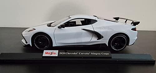 Maisto Diecast Cars 2020 Chevy Corvette Stingray C8 Coupe with High Wing White with Black Stripes 118 Diecast Model Car by 31455