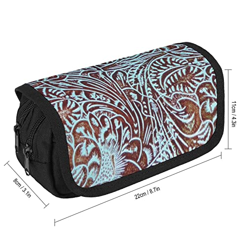Compatible with Country Teal Brown Western Rustic Tooled Cowb Cute Pencil Organizer Cosmetic Makeup Bag Stationery Pen Case Box with Zipper for Christmas Thanksgiving