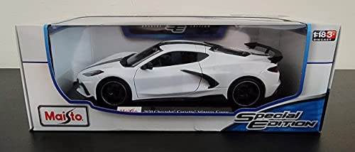 Maisto Diecast Cars 2020 Chevy Corvette Stingray C8 Coupe with High Wing White with Black Stripes 118 Diecast Model Car by 31455