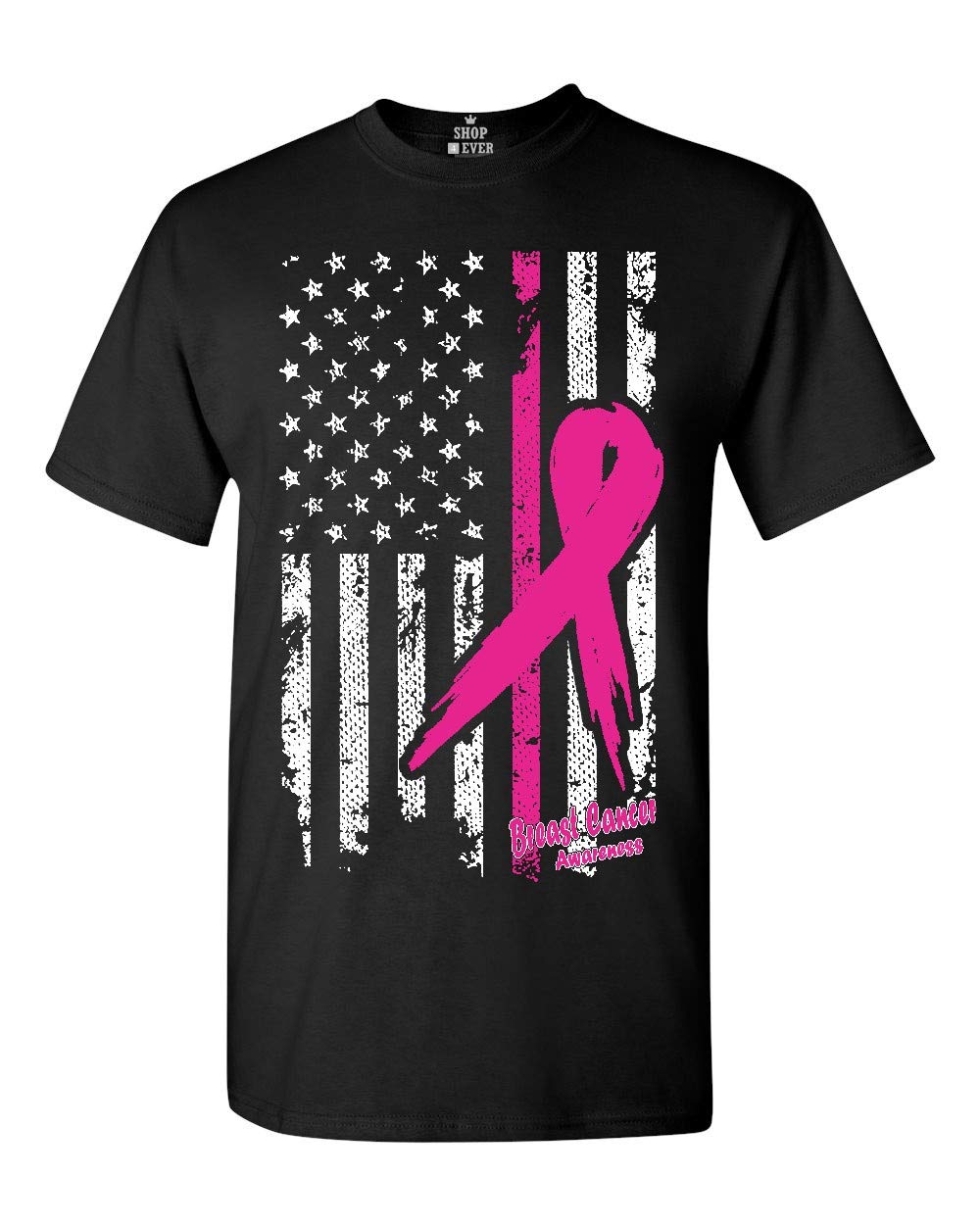 shop4ever Pink Breast Cancer Ribbon American Flag T-Shirt Support Awareness Tee Large Black