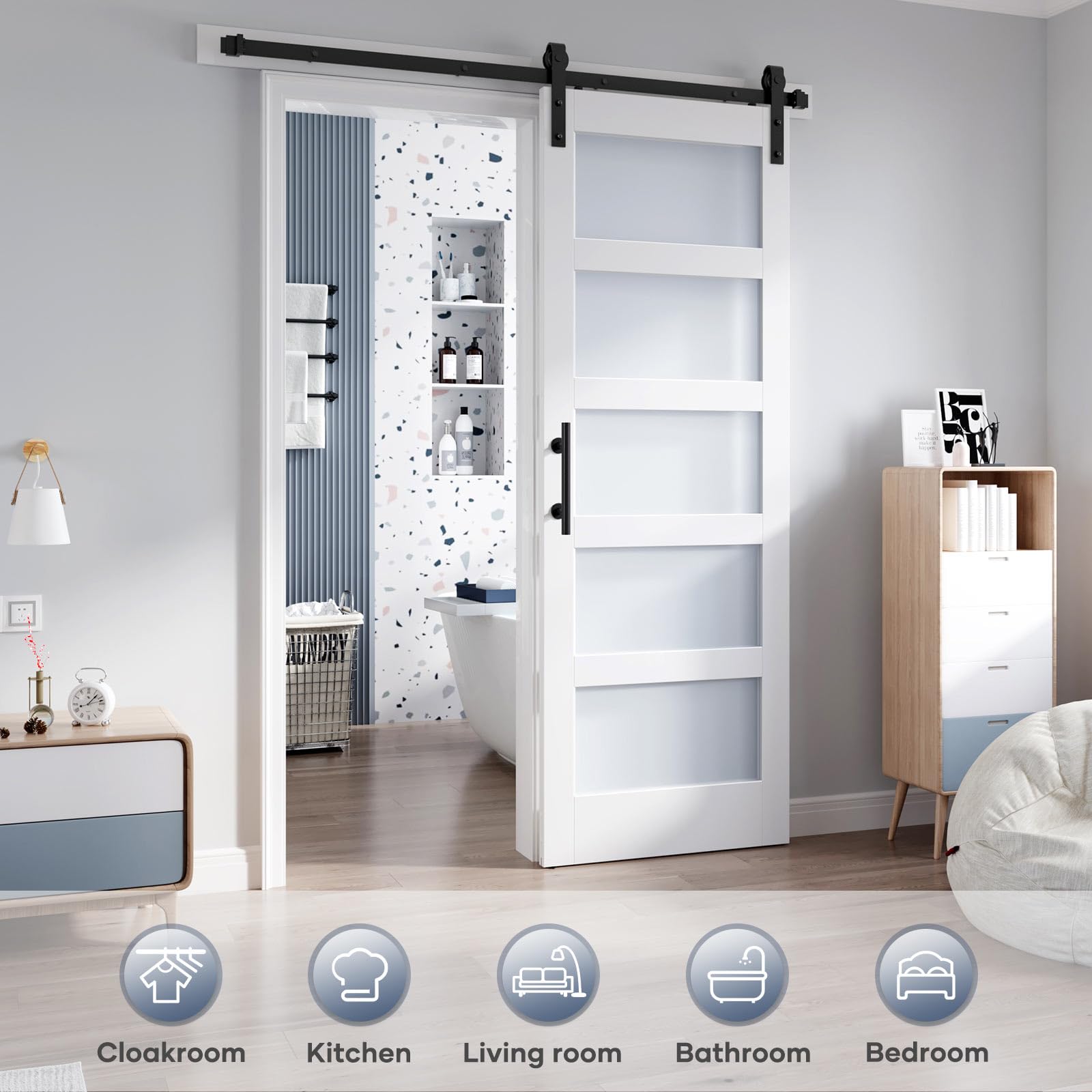ROYMELO 30x84 Inch Glass Sliding Barn Door Slab and 5.5ft Hardware Kit Included, 5 Frosted Glass, LVL Wood Panel Covered with White Water-Proof Scratch-Proof PVC Surface, Simple DIY Assembly