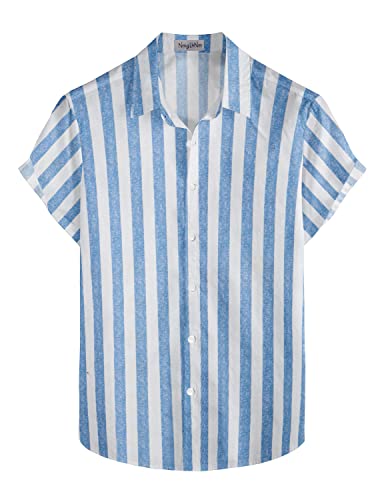 NmglhNm Mens Striped Summer Shirts Short Sleeve Casual Button Down Stylish Tropical Beach Shirts LightBlue 3X-Large