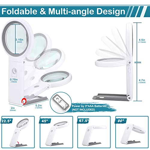 10X 30X Magnifying Glass with Light and Stand, Dimmable 18 LED Folding Handheld Magnifying Glass with Scale, Hands Free Lighted Magnifier for Close Working, Reading, Jewelry, Craft, Painting Miniature