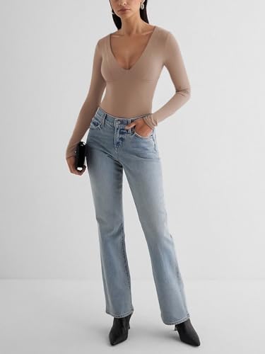 Adreamly Women's Sexy Deep V-Neck Double Lined Body Suit Tops Long Sleeve Slim Fit Lightweight Thong Bodysuits Khaki Small