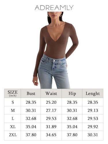 Adreamly Women's Sexy Deep V-Neck Double Lined Body Suit Tops Long Sleeve Slim Fit Lightweight Thong Bodysuits Khaki Small