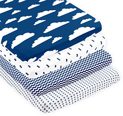 Pack n Play Sheets – Premium Pack and Play Sheets 4 Pack – 100% Super Soft Jersey Knit Cotton Playard Mattress Sheets – Portable Playpen Fitted Play Yard Mini Crib Sheet for Boy & Girl (24 x 38 x 5)