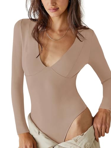 Adreamly Women's Sexy Deep V-Neck Double Lined Body Suit Tops Long Sleeve Slim Fit Lightweight Thong Bodysuits Khaki Small