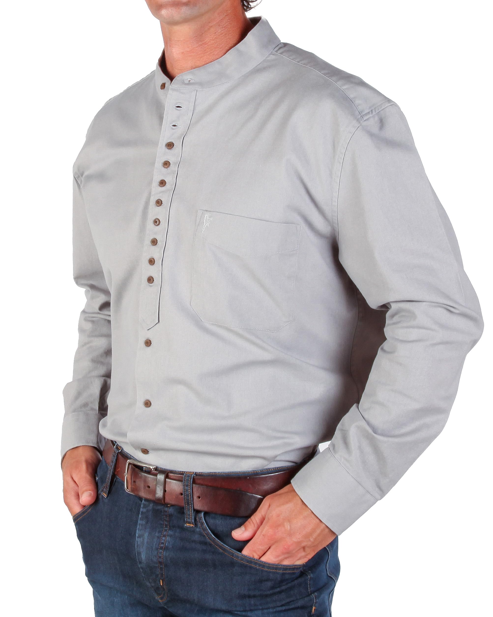 The Celtic Ranch Collarless Shirt for Men, Irish Grandfather Cotton Linen Long Sleeve Button Down Banded Collar Dress Shirt with Pocket (Grey Ash, XL)