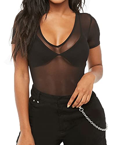 Allchic Womens Short Sleeve Sheer Mesh Tops Sexy See Through Tee Blouse Clubwears (V Neck Black II, Medium)
