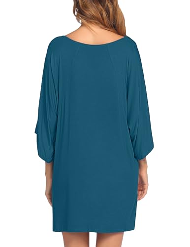 Ekouaer Women's Sleepshirt Deep V Neck Nightgown Batwing Nightshirt Oversized Sleepwear, Blue Green, XX-Large
