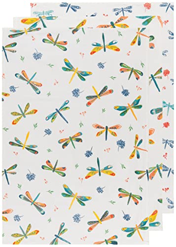 Now Designs Floursack Kitchen Towels Quick Dry Cotton Hand Towel Set, 3 Count, Dragonfly, 20 x 30 in