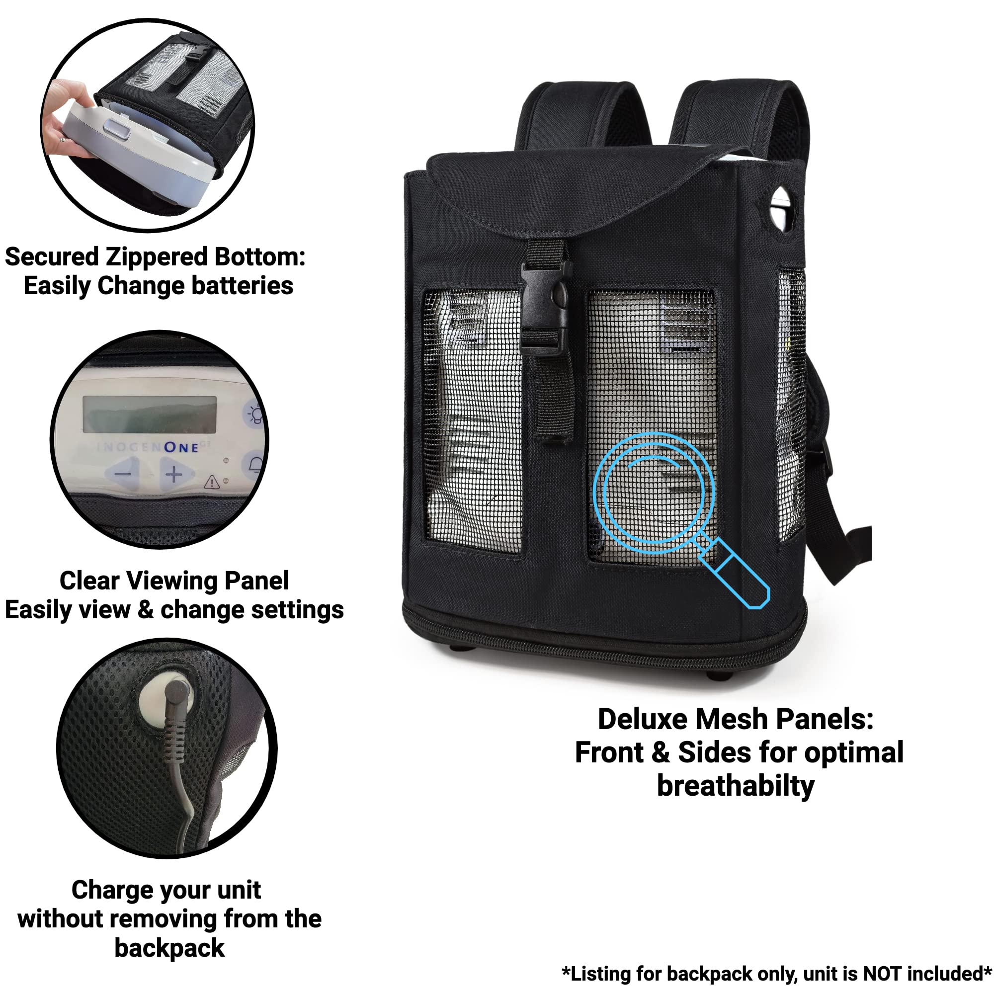 O2TOTES Ultra Lightweight Backpack Fit For Inogen One G3 & OxyGo (Patented Design) (black) Lightweight at under 14 ounces, Backpack Only, Zippered bottom, fits standard and double battery; black
